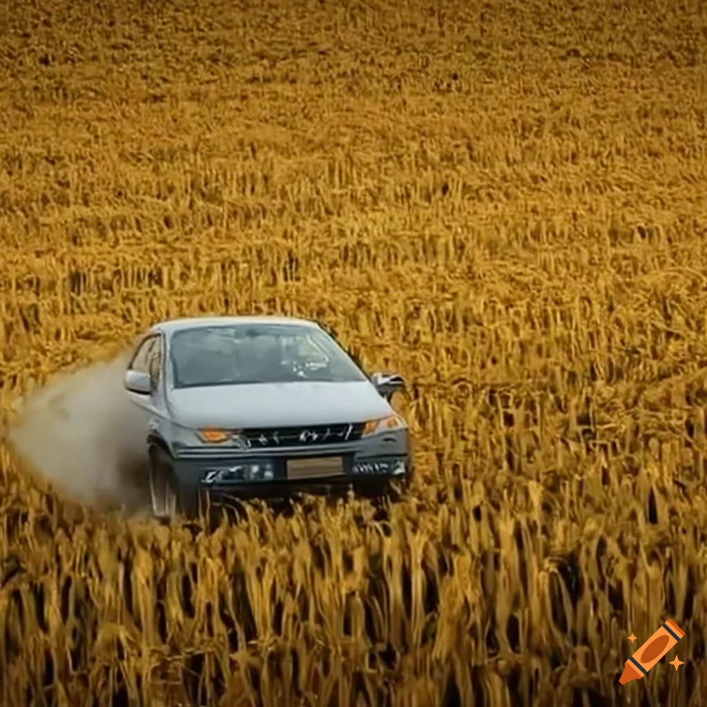 Car drifting through a cornfield on Craiyon