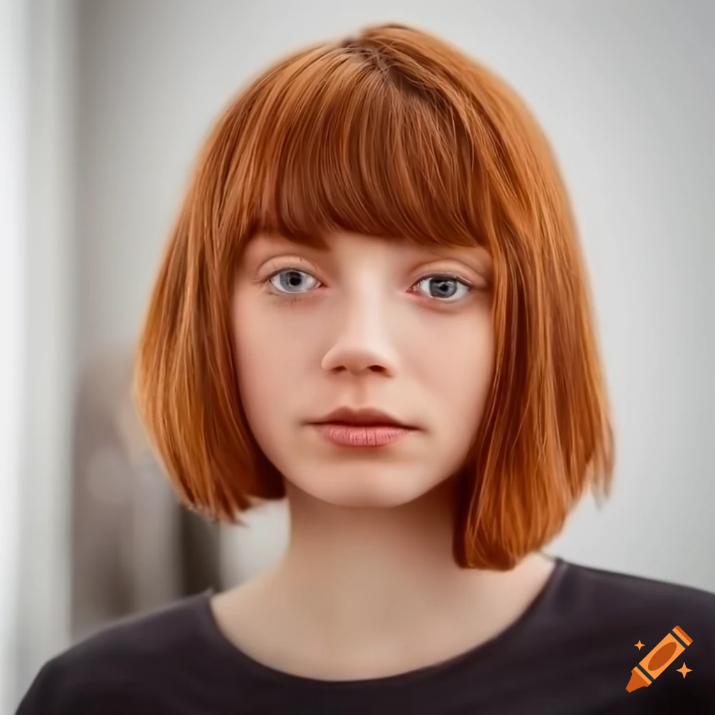 Portrait of a 20-year-old with auburn bob hair and mischievous ...