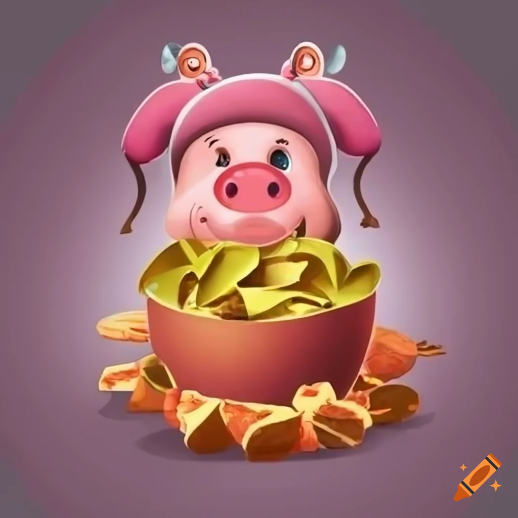 Cartoon pig with a frog hat eating chips on Craiyon