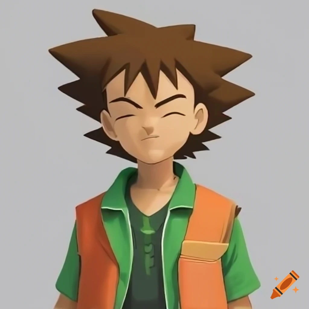 Brock from pokemon with eyes closed and wearing orange vest over green ...