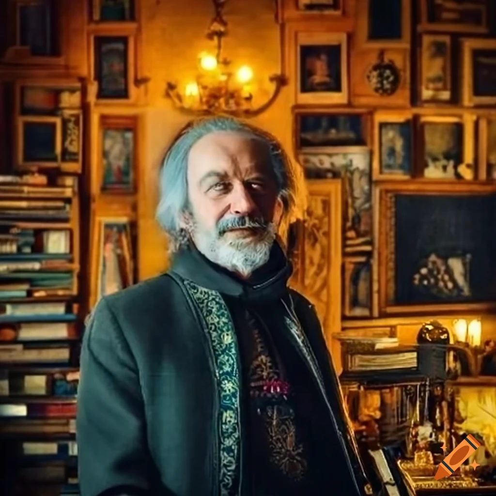 Intricate portrait of a bohemian artist in an antique room surrounded ...