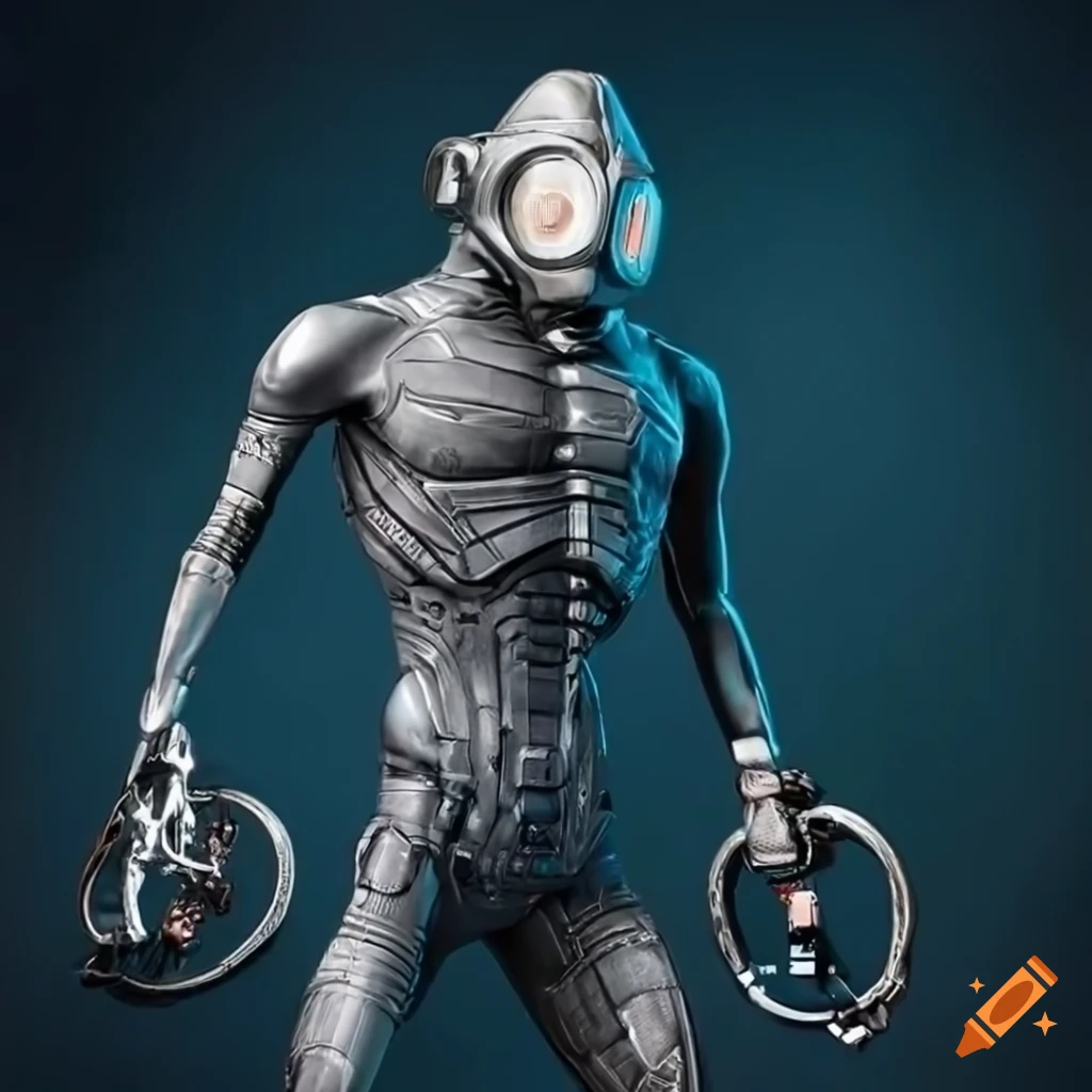 Sci-fi prison guard alien humanoid with gasmask and steel handcuffs on ...