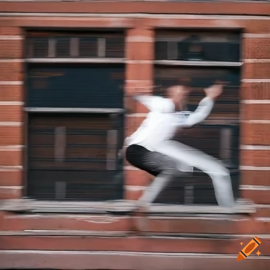 Man falling down a brick building on a sunny day on Craiyon
