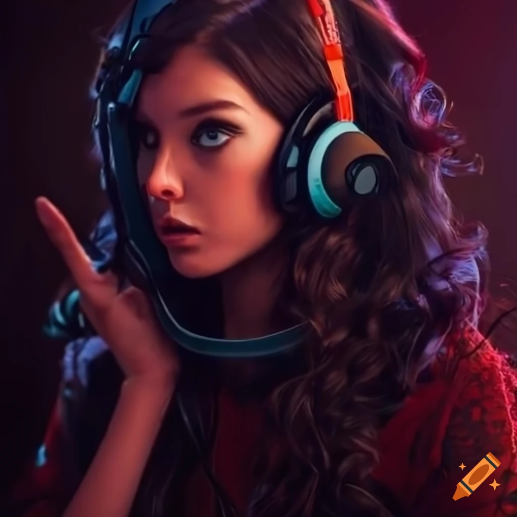 Gamer woman with chocolate brown wavy hair and dark green eyes wearing ...