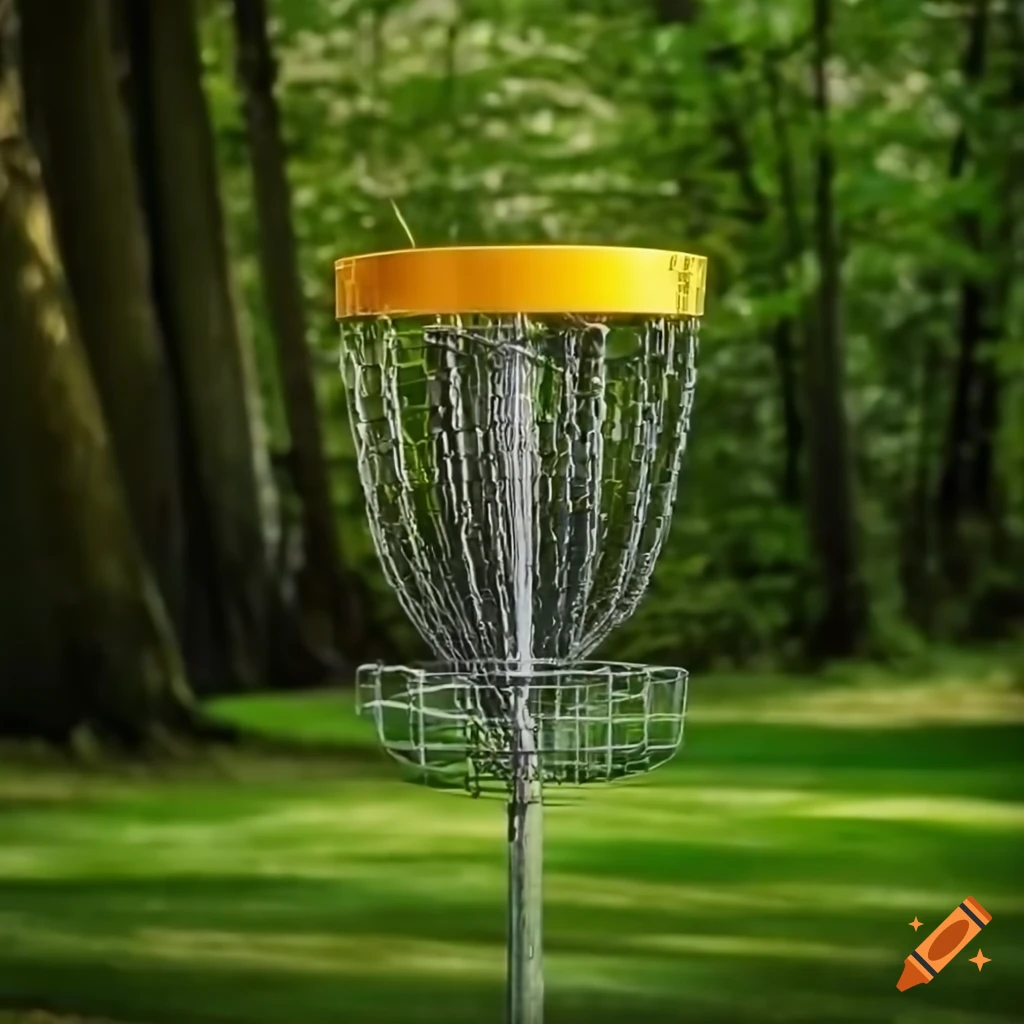 Disc golf basket hole with a gold crown in nature setting on Craiyon