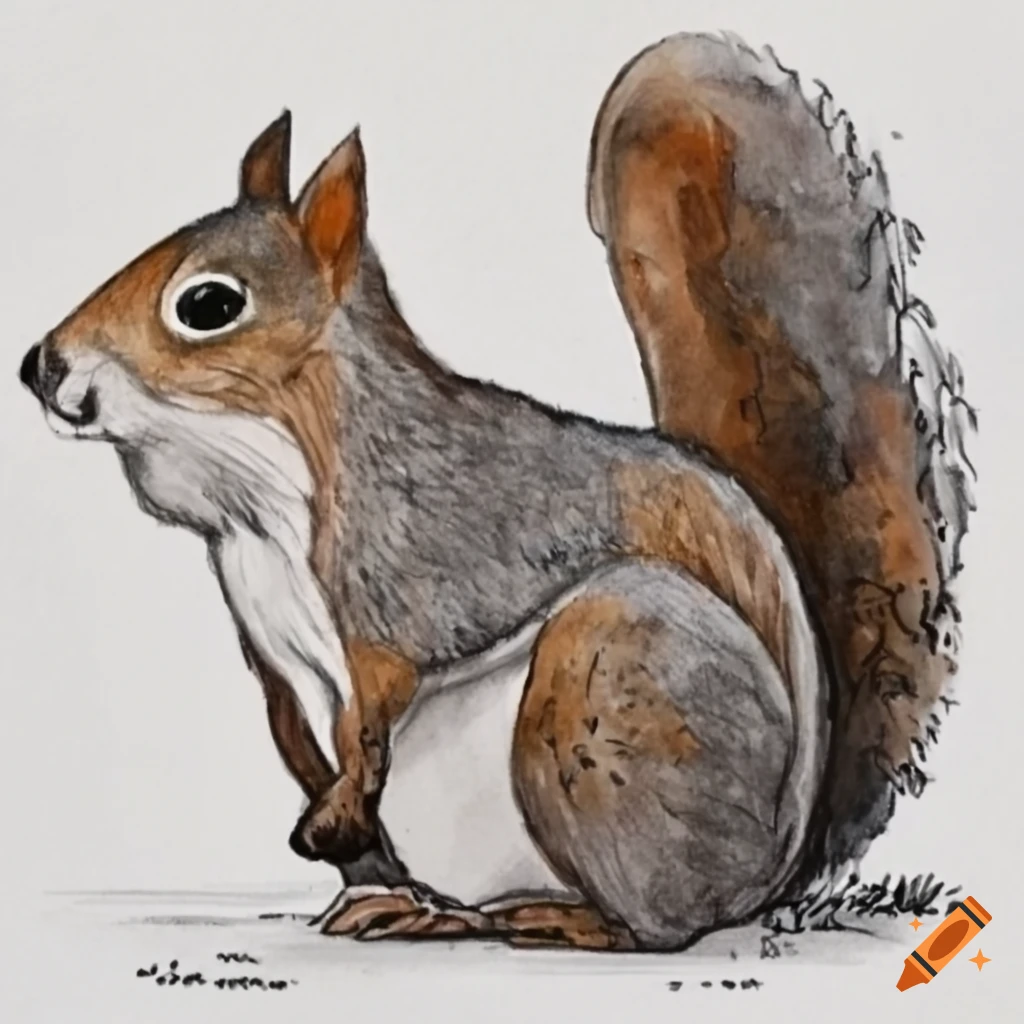 Squirrel drawing in pen and watercolor on Craiyon
