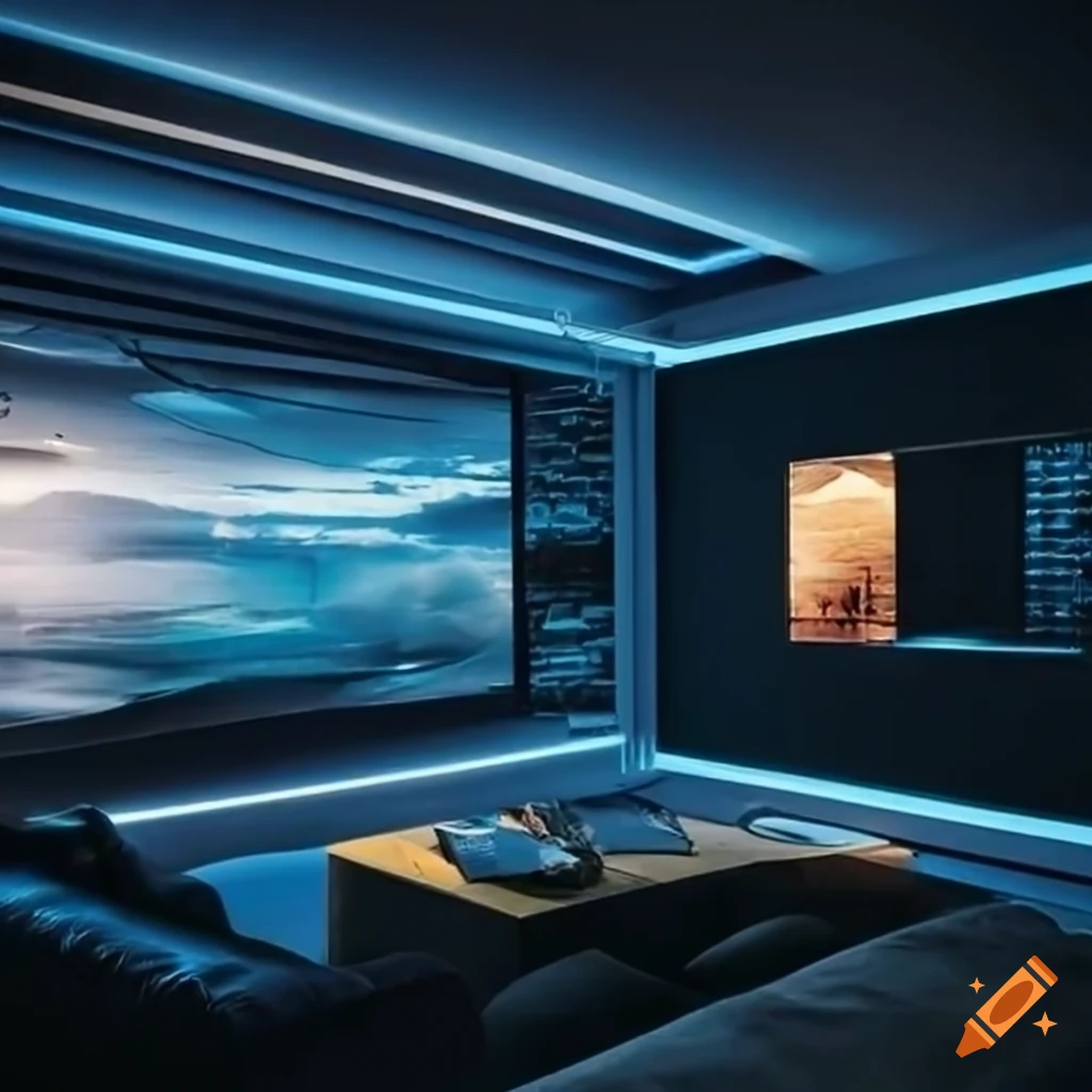 High-tech room with a wall of television screens on Craiyon