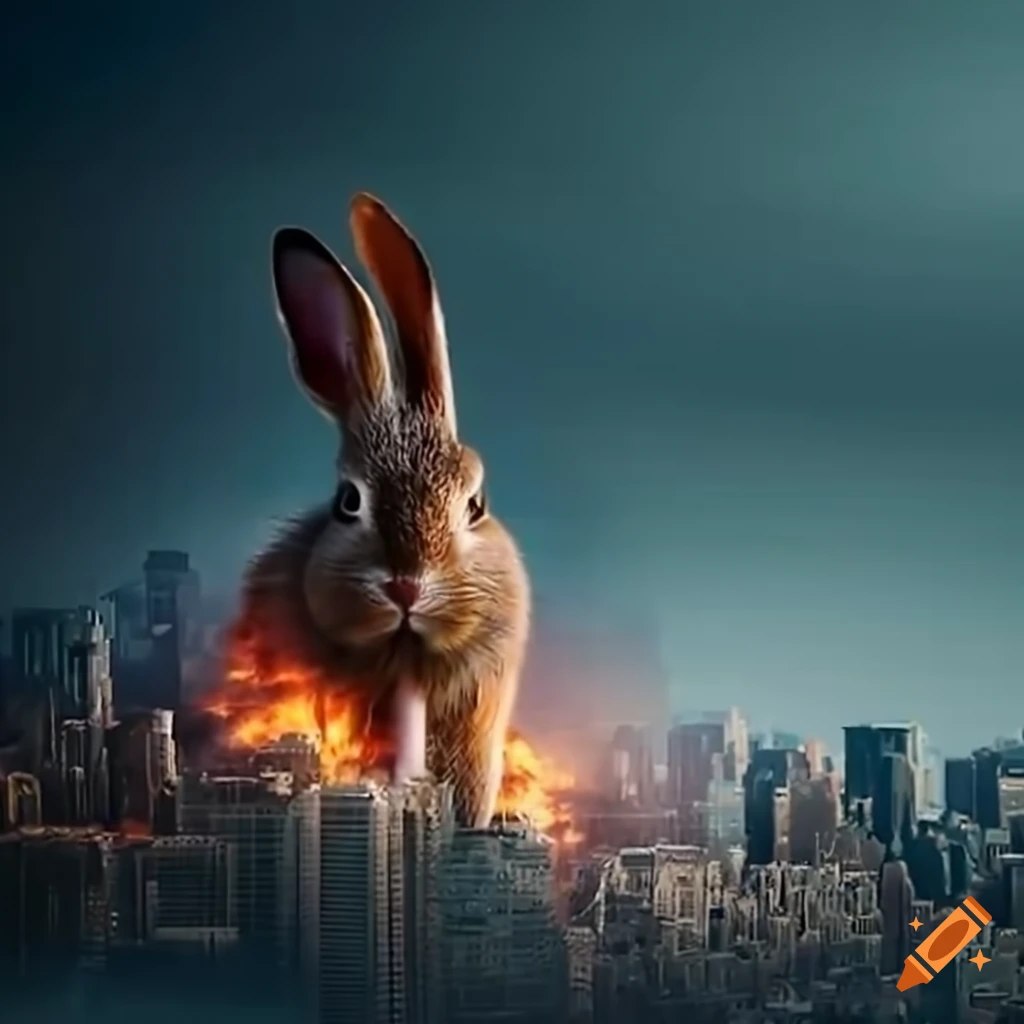 Surreal cityscape with a giant rabbit causing an explosion on Craiyon