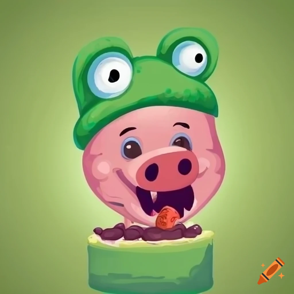 Cartoon pig with frog hat eating a cake on Craiyon