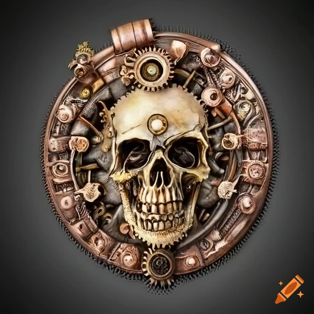 Intricate steampunk skull art with gears, copper pipes, and brass ...