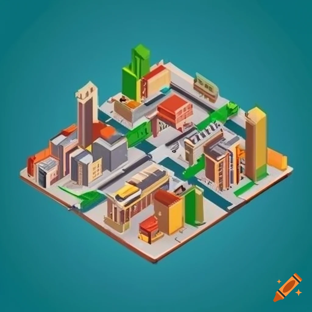 Isometric view of a city intersection on Craiyon