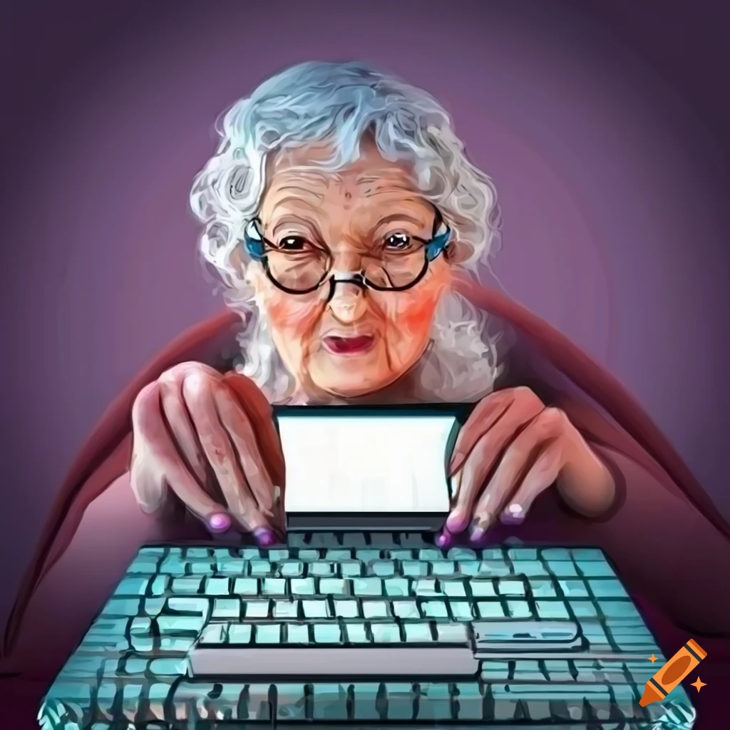 Comical illustration of a grandma hypnotized while typing on a computer ...