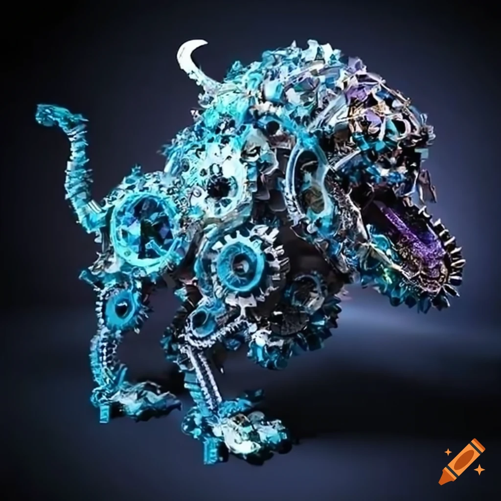 Mechanical beast crafted from crystals and cogs on Craiyon