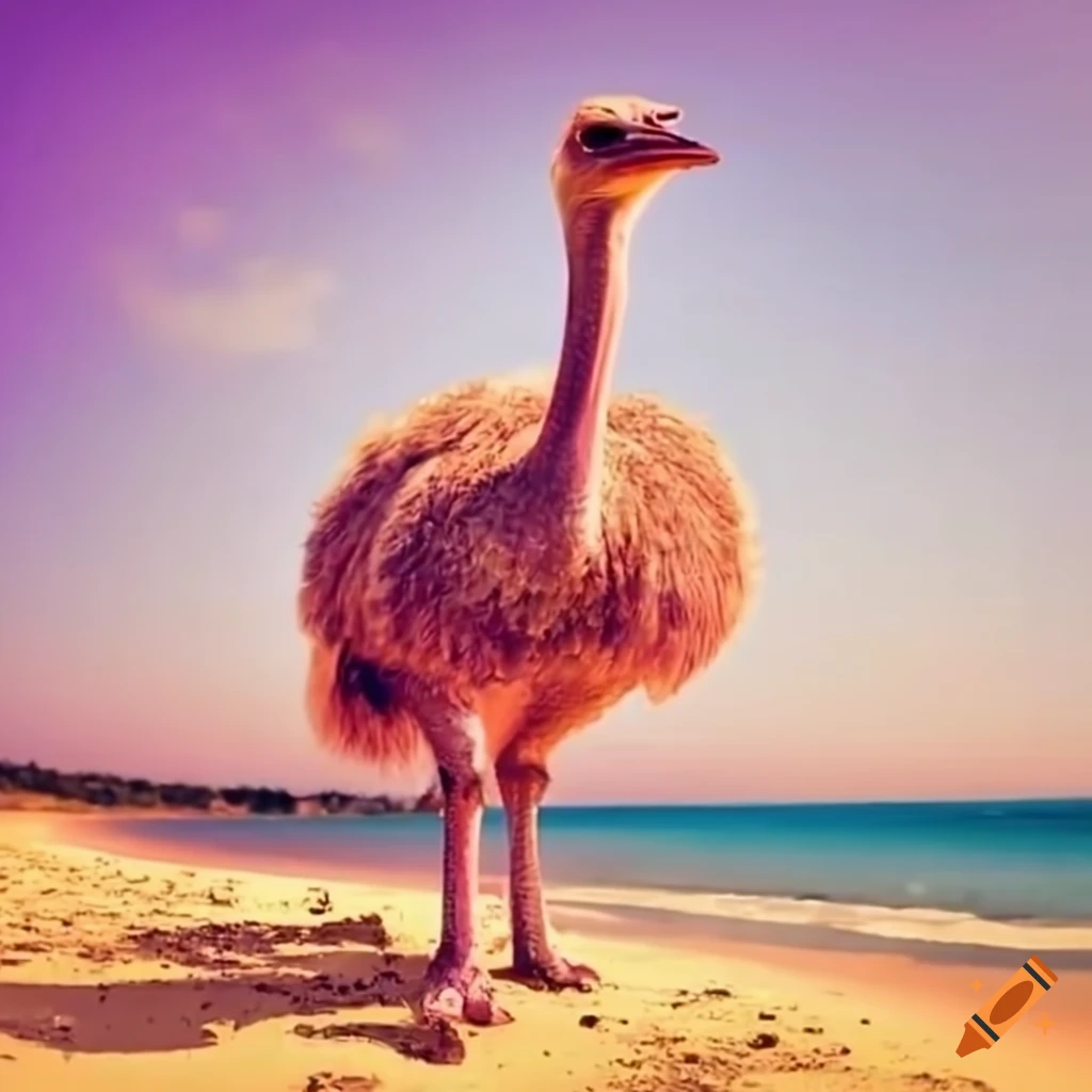 Fat pink ostrich standing awkwardly on the beach on Craiyon