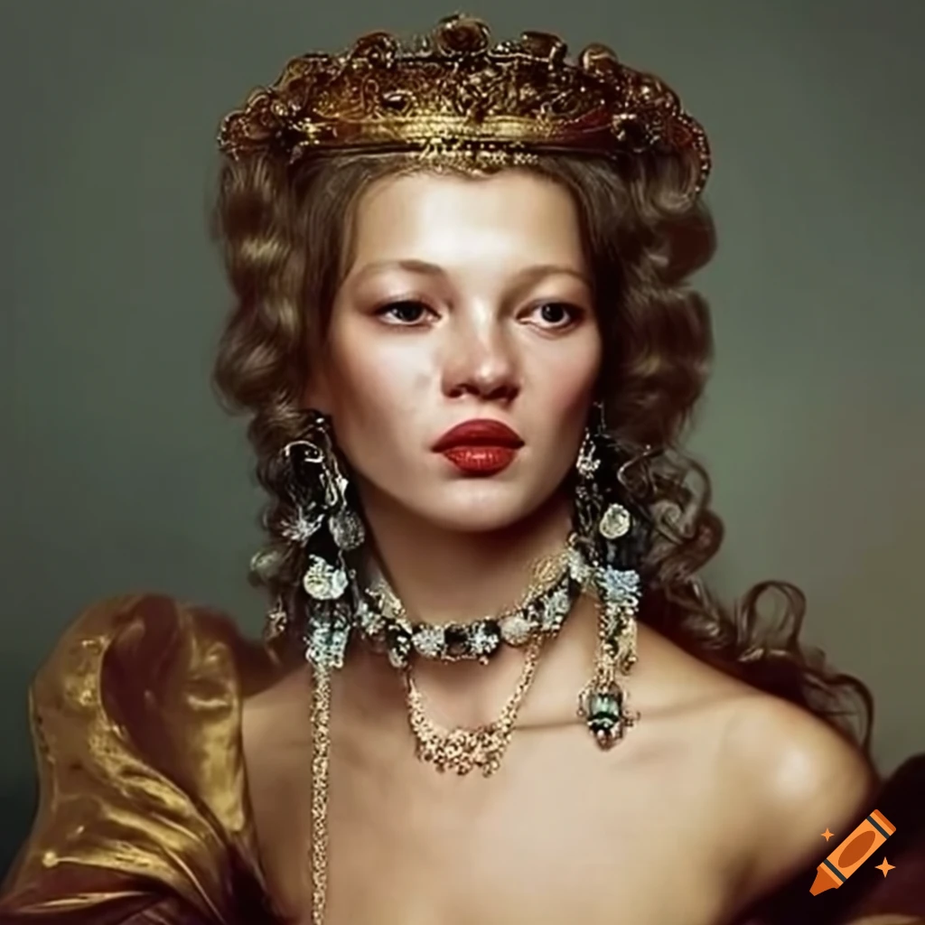 Young kate moss portrayed as a baroque queen on Craiyon