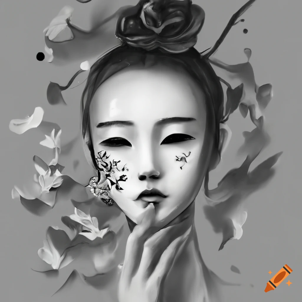 White porcelain mask with lotus leaves and cherry blossoms on Craiyon