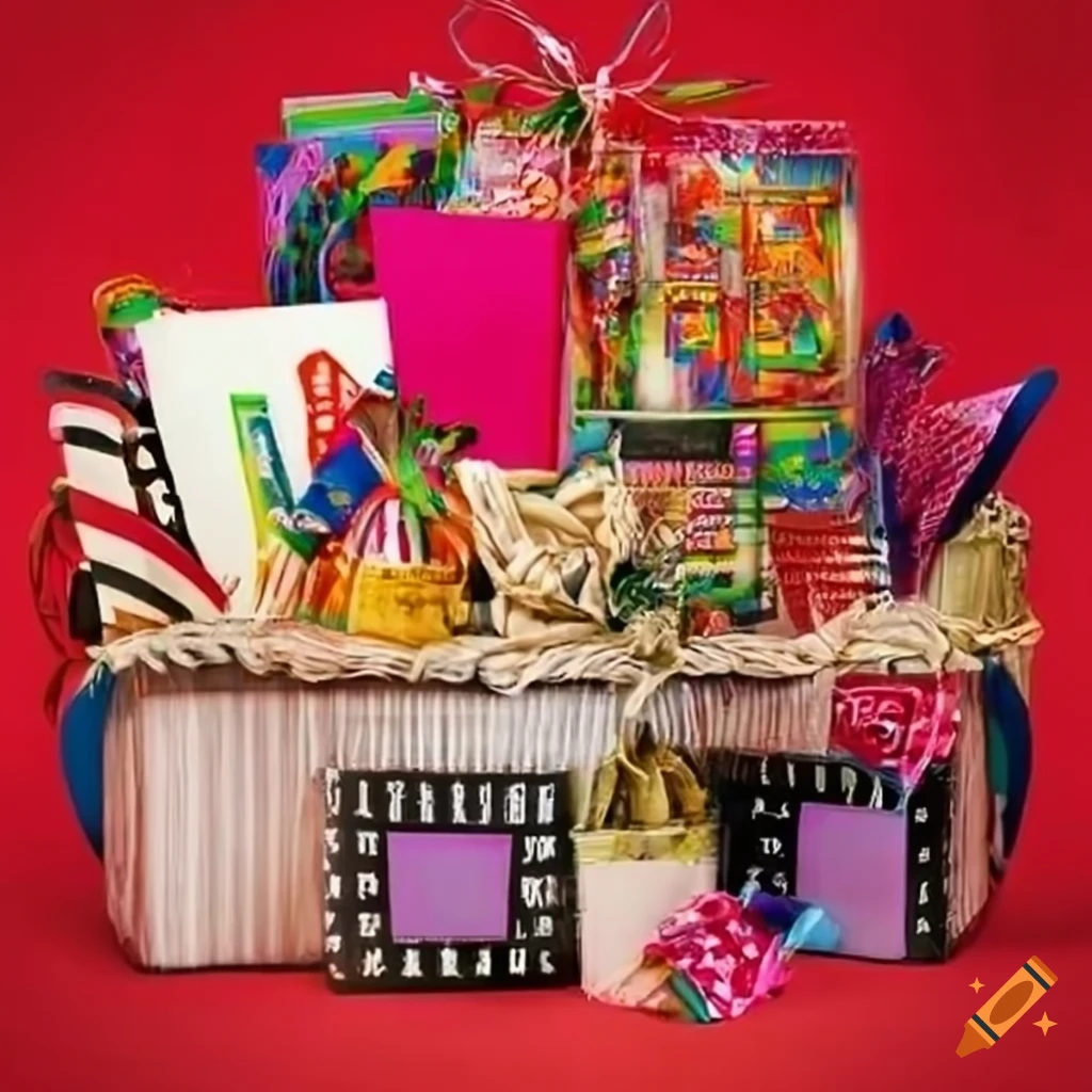 Colorful movie poster with a beautifully presented gift basket on Craiyon
