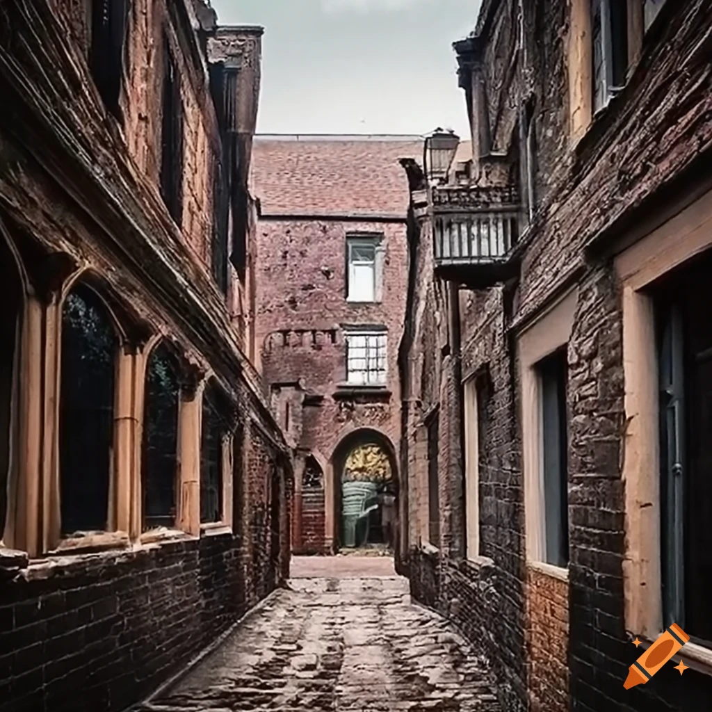 Hybrid design of colonial and Gothic architecture in an alleyway on Craiyon