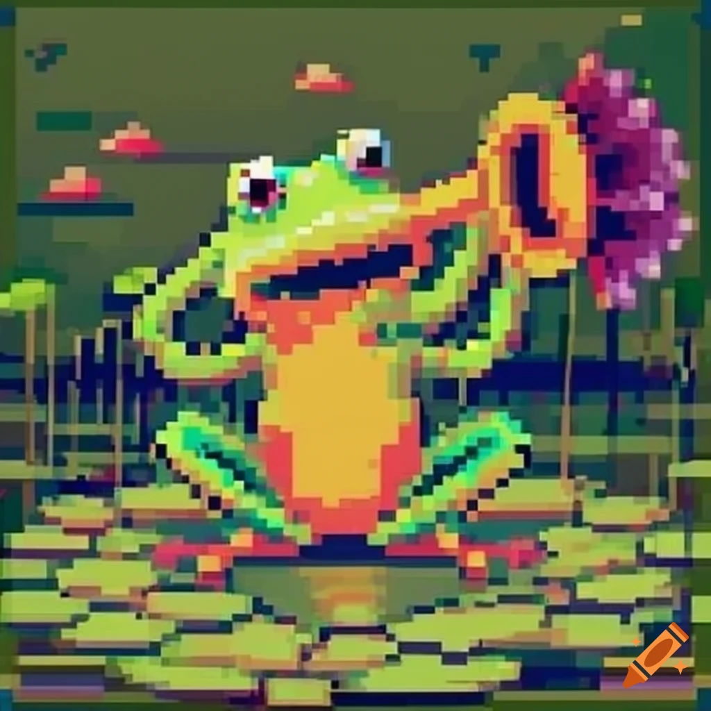 Pixel art of a frog playing trumpet in a lily pad bayou on Craiyon