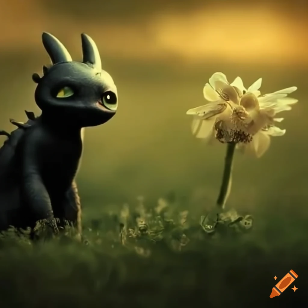 Adorable toothless with flowers in a field on Craiyon