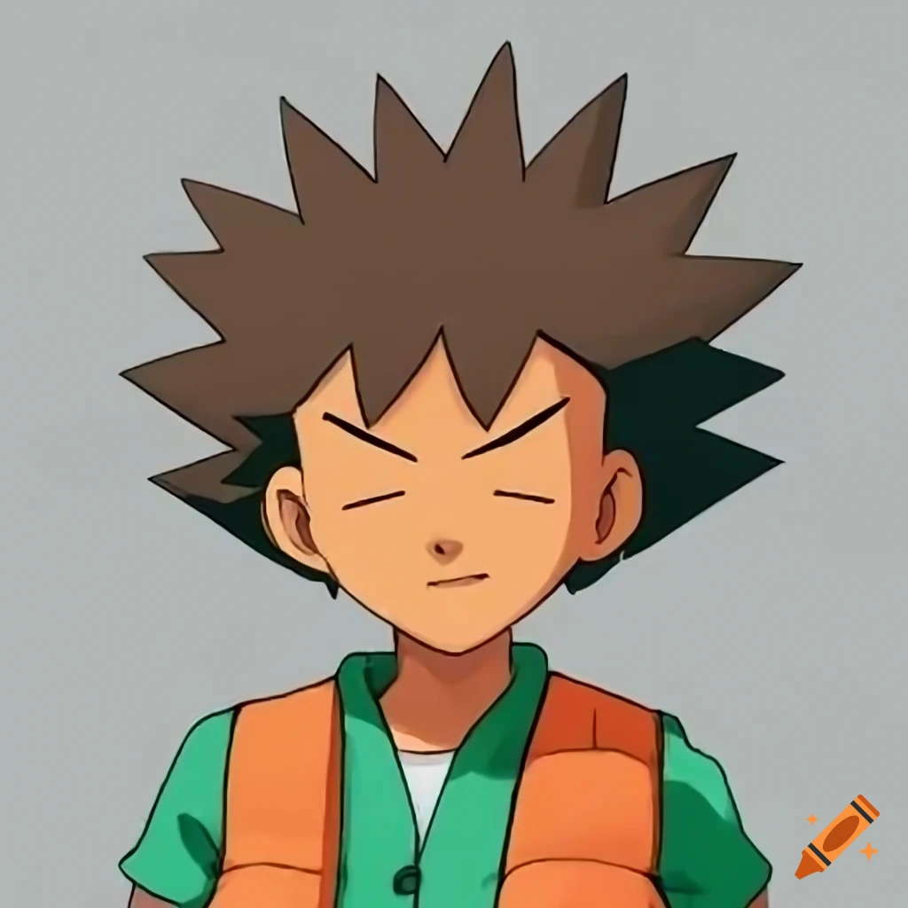 Brock from pokemon with closed eyes wearing orange vest over a green ...