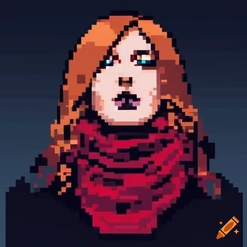Redheaded woman with black scarf in pixelated art style on Craiyon