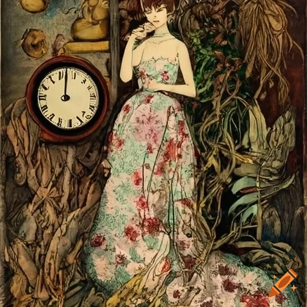 Impressionist painting of a woman in a floral dress among clocks and ...