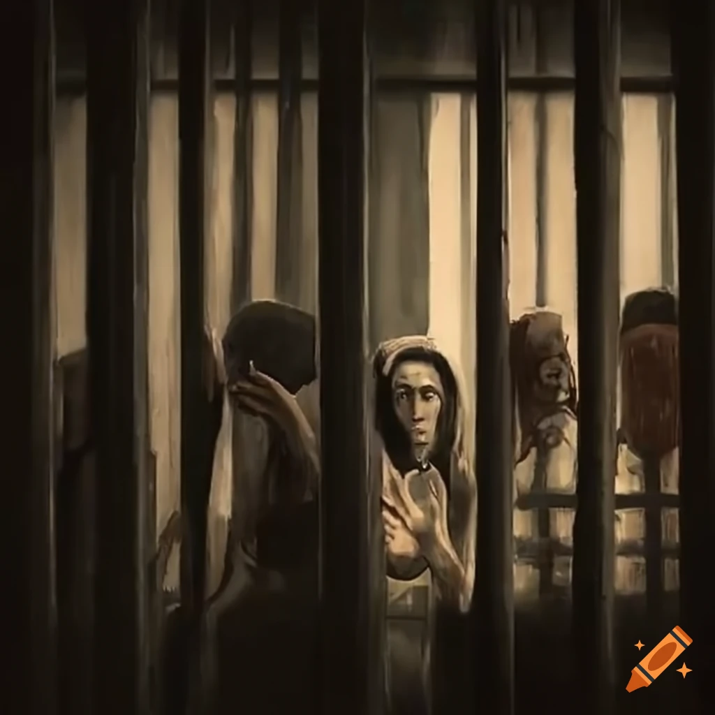 Travelers looking through jail bars at an artist painting in despair on Craiyon