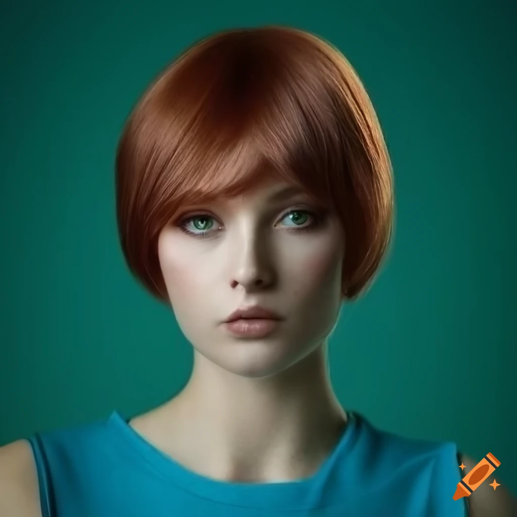 Pretty Girl With Short Auburn Hair In A Blue Shirt Against A Green