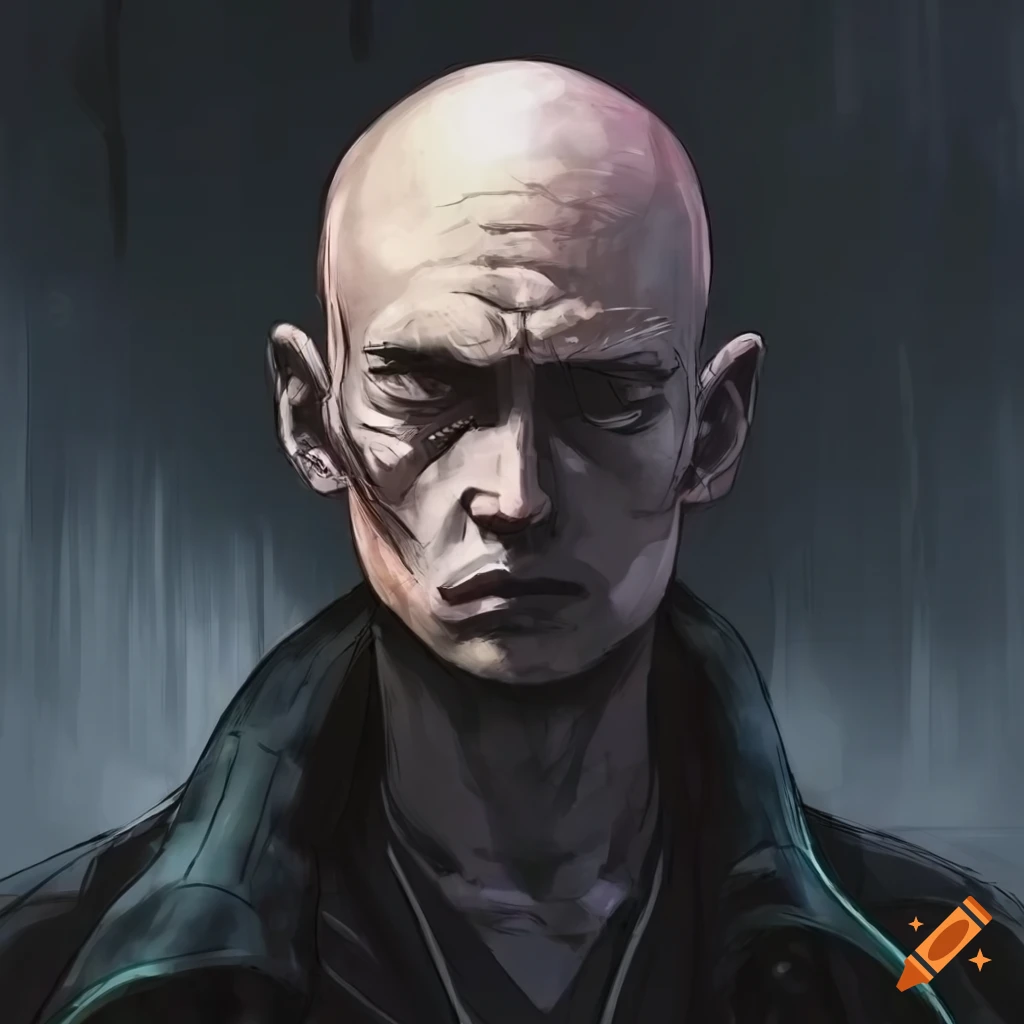 Rugged man with bald head and 5 o'clock shadow in yoji shinkawa's art ...