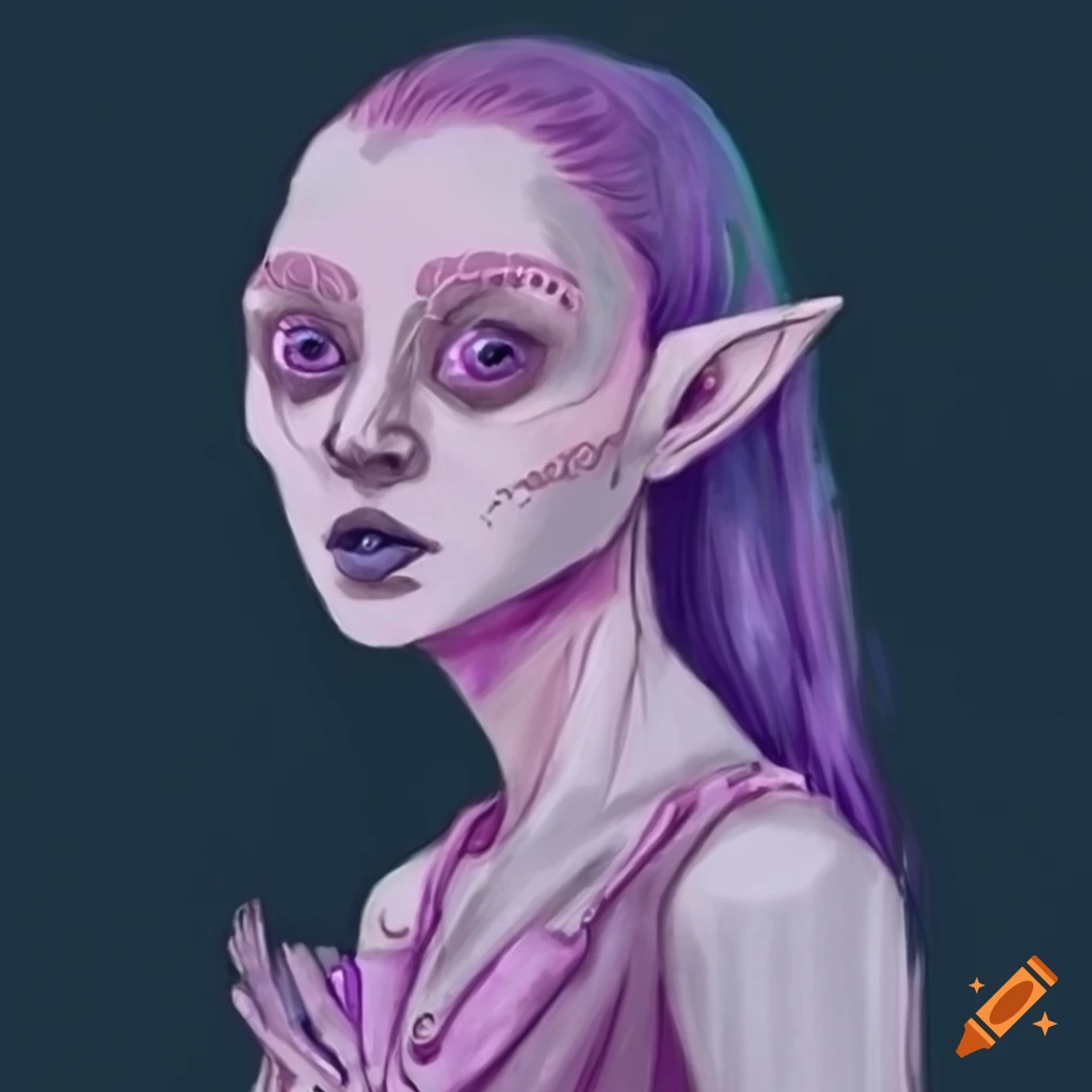 Elf-like alien in monk robes with pale lavender, pink, and blue skin on ...