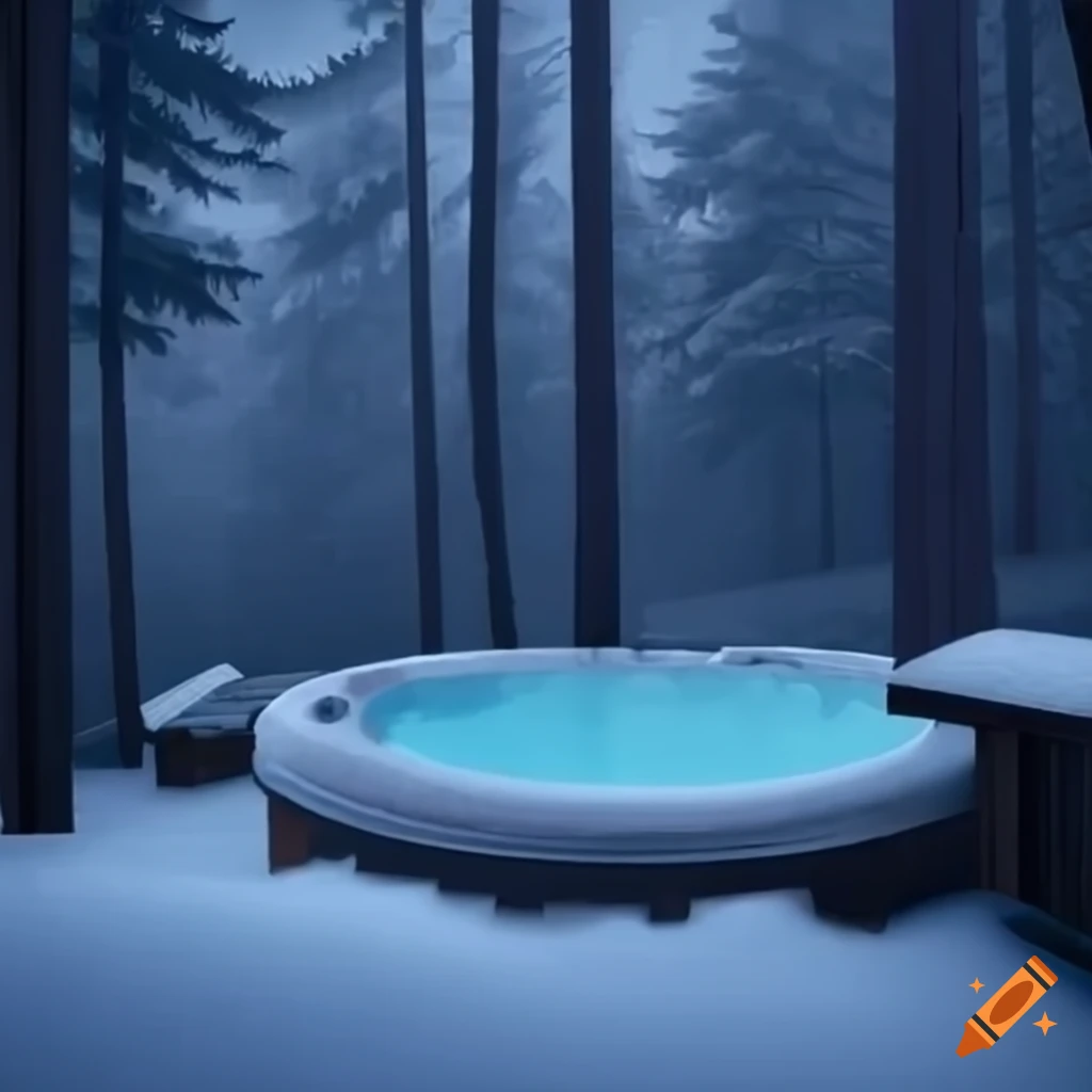 Cabin in the woods with snowfall and cozy indoor jacuzzi on Craiyon