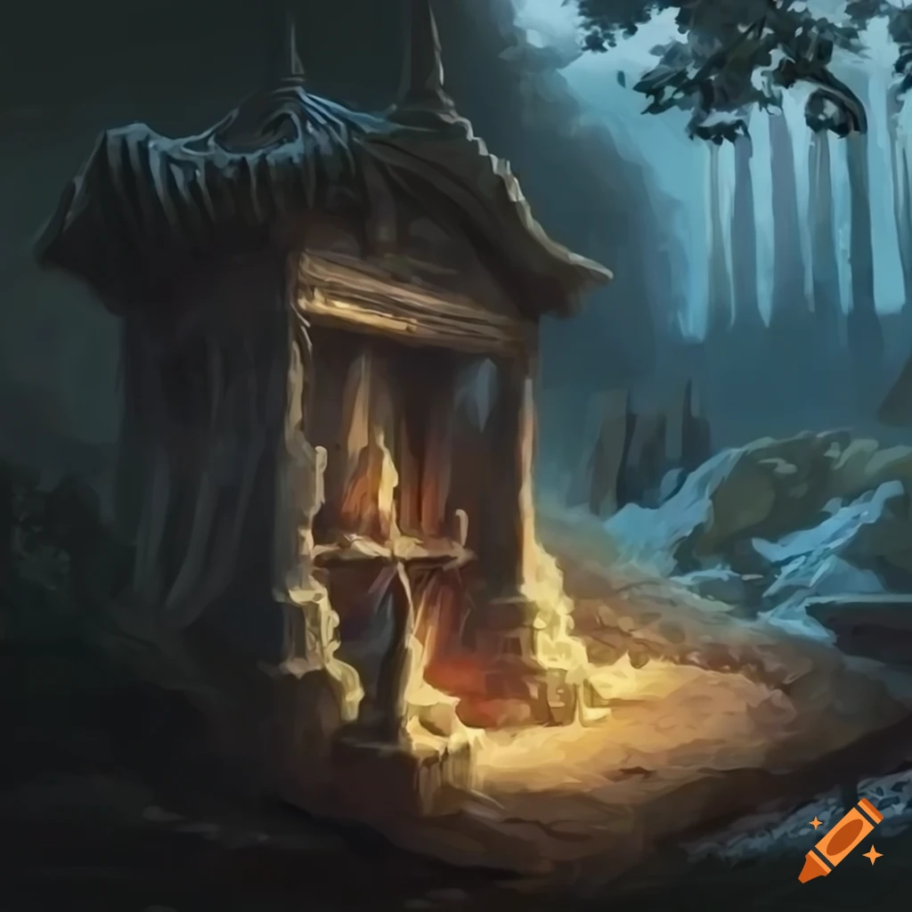 Roadside shrine with bright white light in dark landscape, MTG fantasy ...