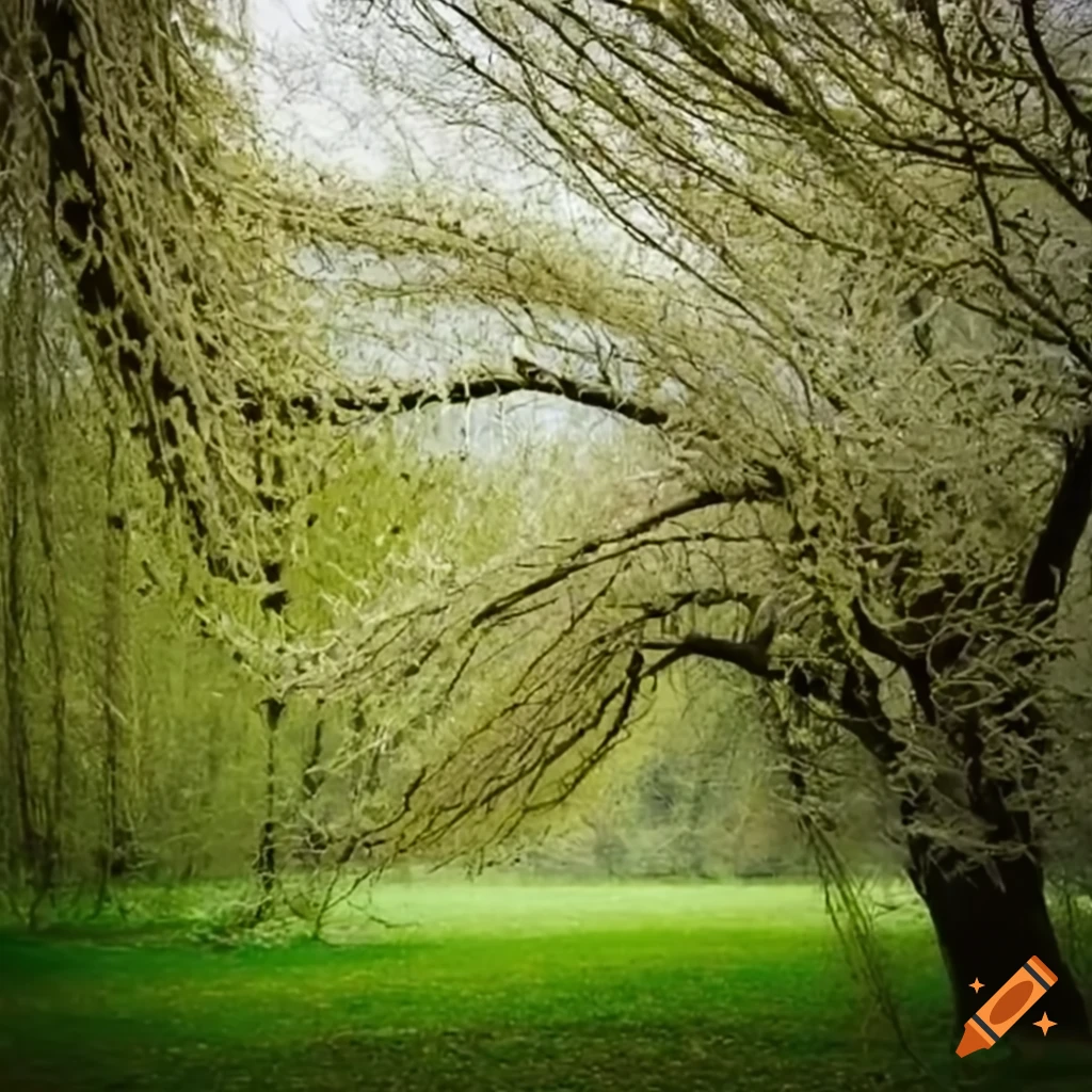 Beautiful blooming willow tree with swaying branches on Craiyon