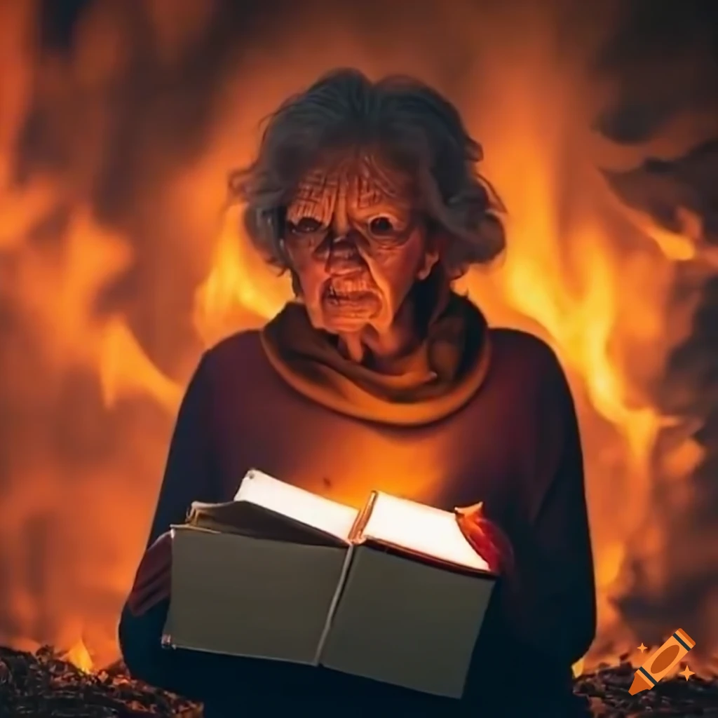 Old woman in a burning house surrounded by books on Craiyon