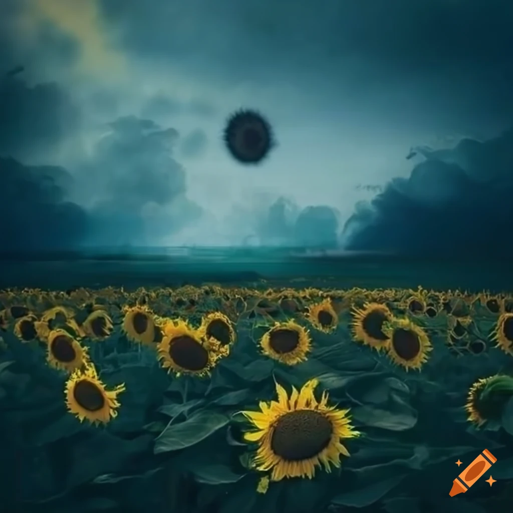 Stunning sunflowers in a surreal post-apocalyptic landscape on Craiyon