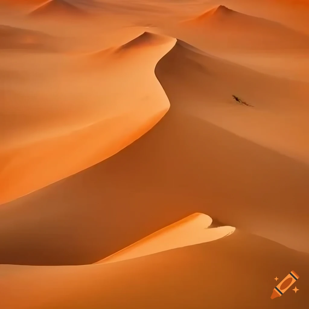 Aerial view of desert dunes in orange hues on Craiyon