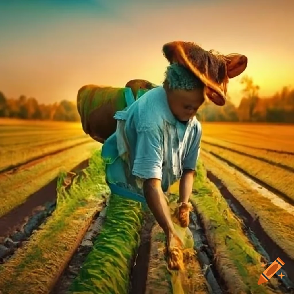 Agricultural field with healthy crops and farmer working on Craiyon