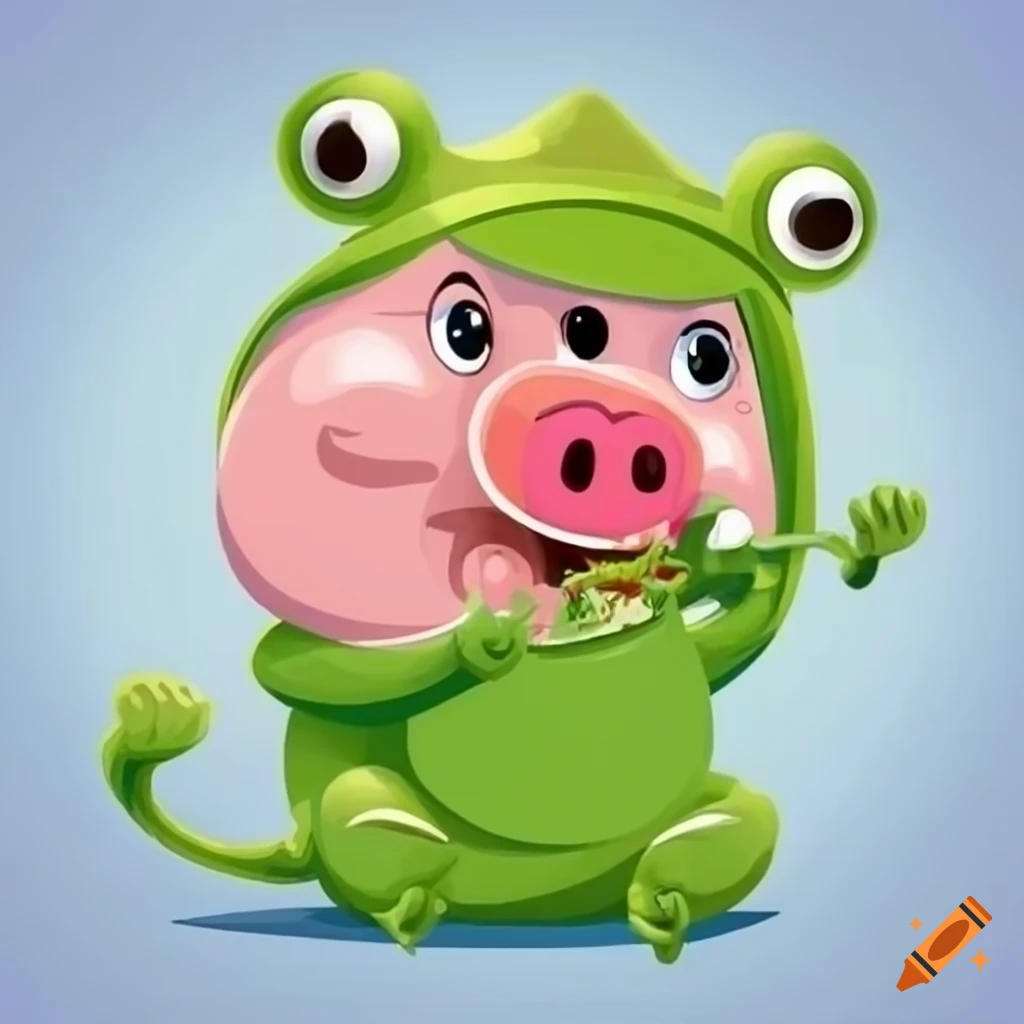 Cartoon pig in frog hat eating salad on Craiyon