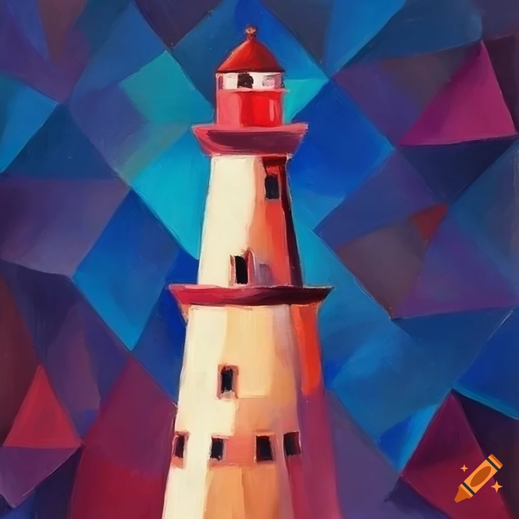 Impressionistic cubist painting of a classic lighthouse with dynamic ...
