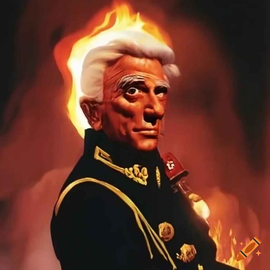 Leslie nielsen as an imperial commissar riding a flaming bullet on Craiyon