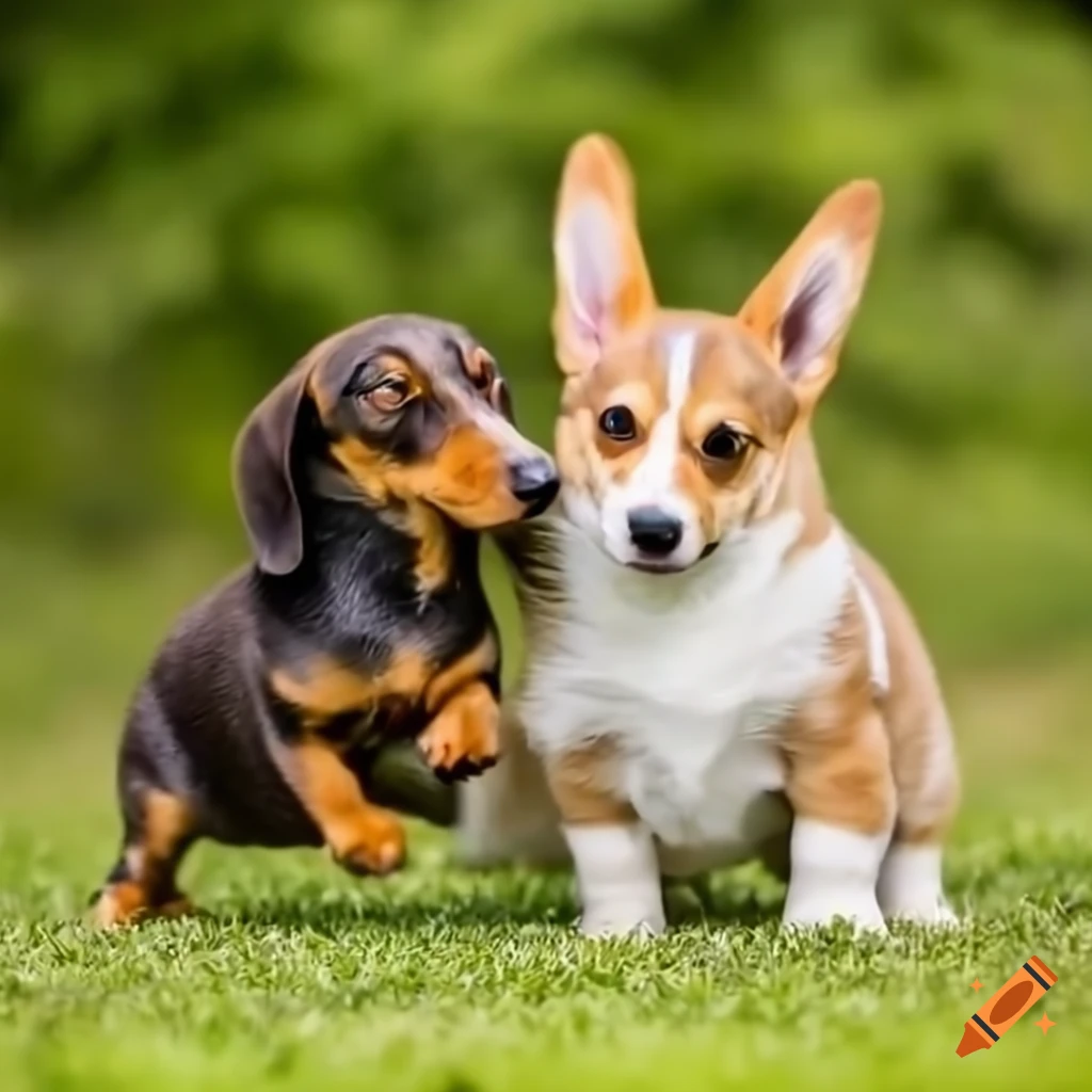 Dachshund and corgi puppies playing together on Craiyon