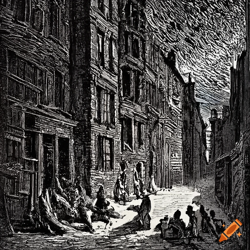 Starry night galaxy over a boston alley in ink drawing style by gustave ...