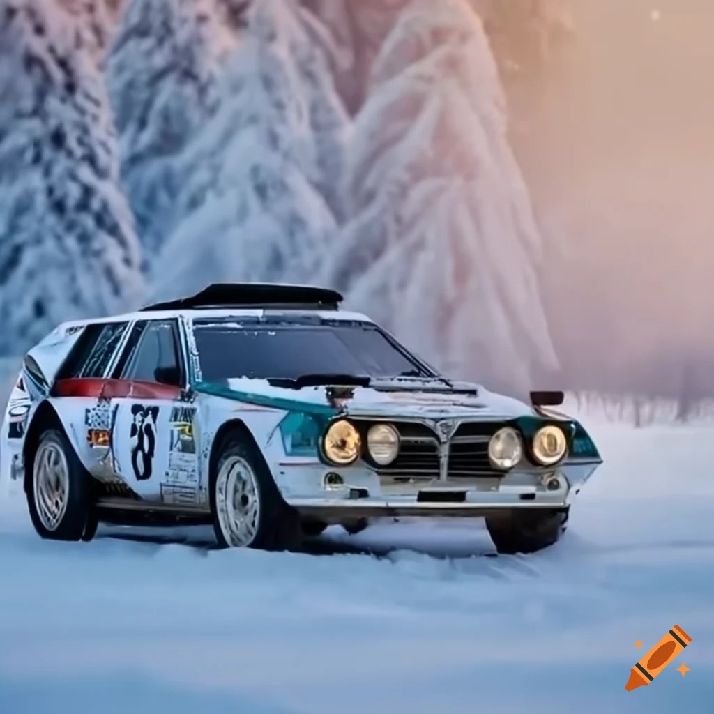 Lancia Delta S4 racing in a snow-covered winter landscape on Craiyon