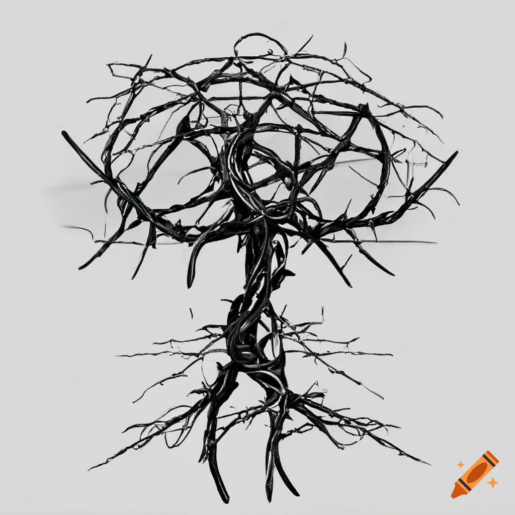 Intricately designed metal sculpture of a thorned tree on Craiyon