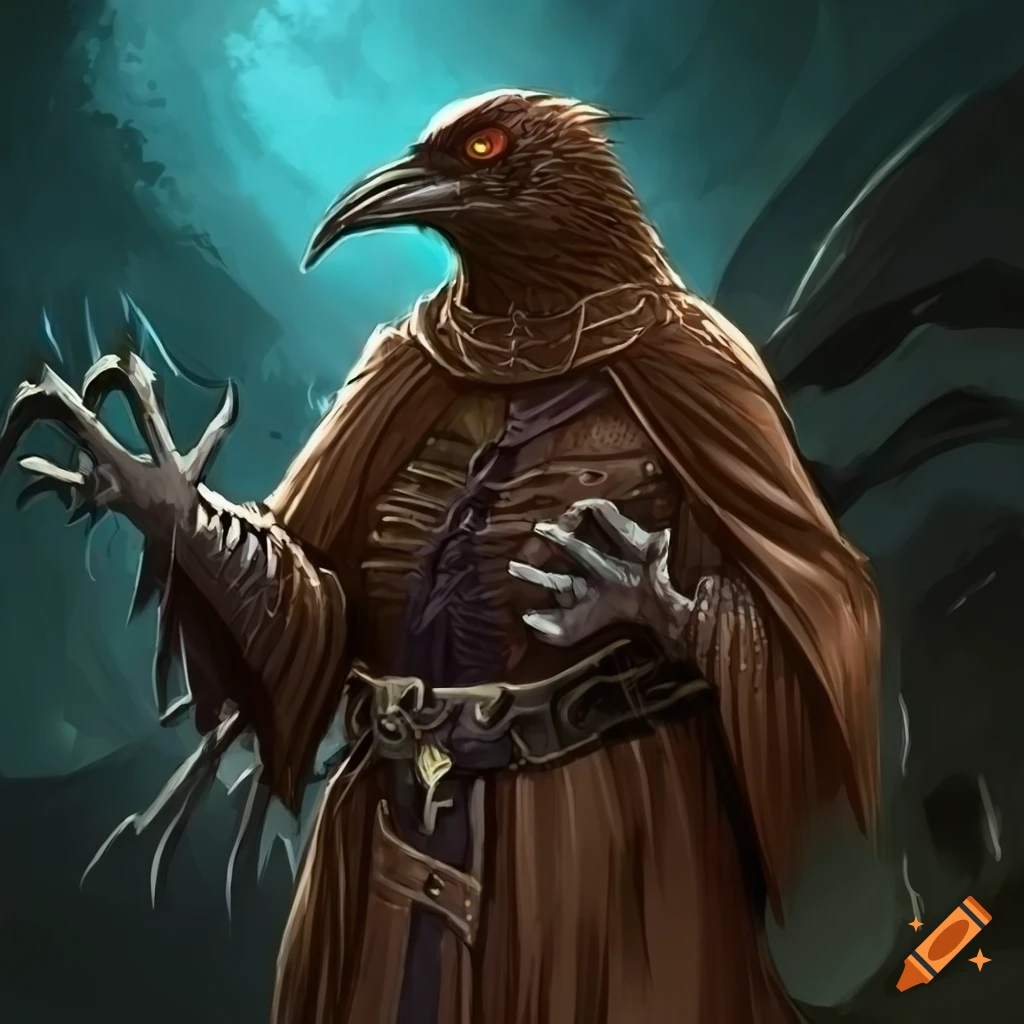 Intricately detailed raven creature with a mechanical belt and brown ...