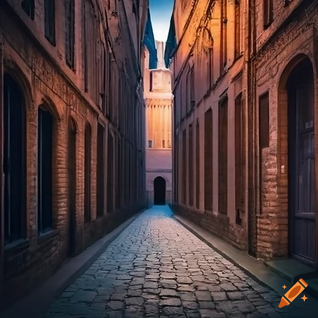 Hybrid design of colonial and Gothic architecture in an alleyway on Craiyon