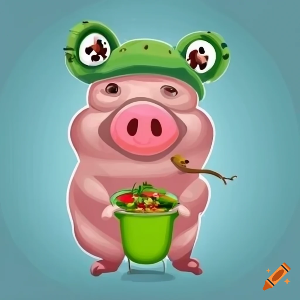 Cartoon pig in a frog hat eating a salad on Craiyon