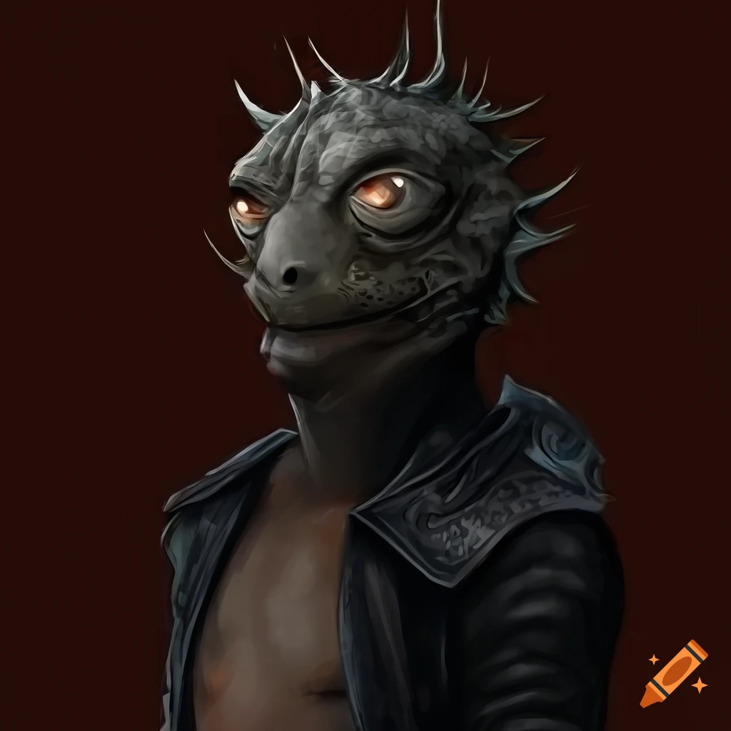 Sci-fi fantasy lizard-human race man with long neck and thin eyes in a ...
