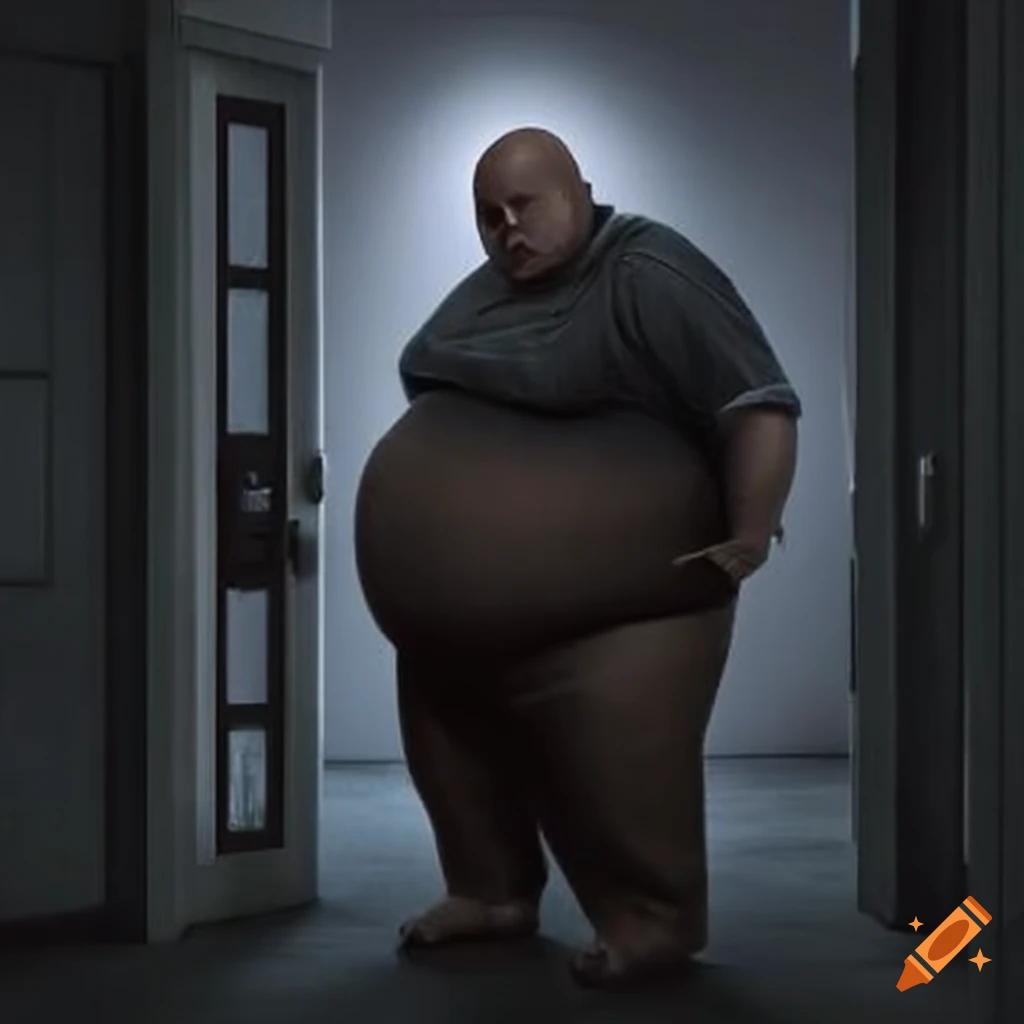 Overweight person entering a dark door on Craiyon